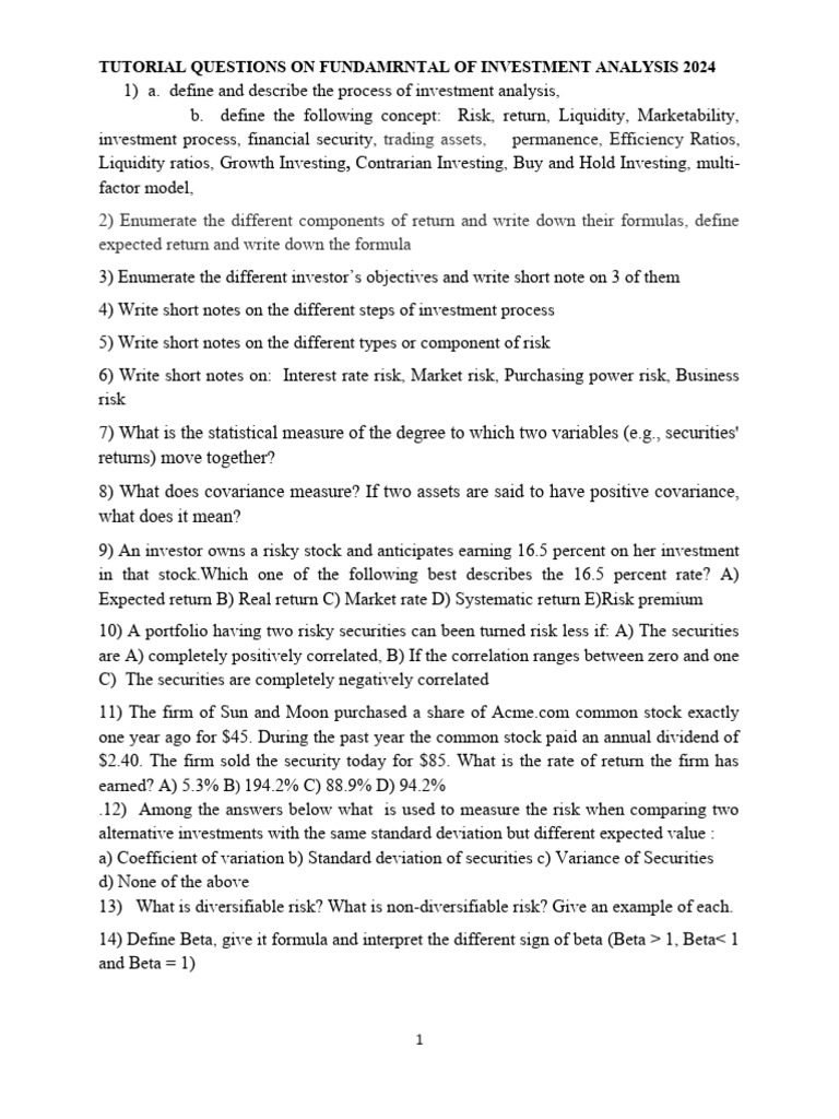 Investment Analysis Tutorial Questions 2024 | PDF | Financial Risk ...