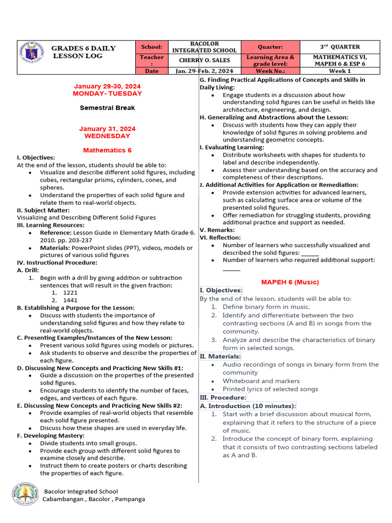 Grades 6 Daily Lesson Log: January 29-30, 2024 Monday-Tuesday | PDF | Learning | Microsoft Power ...