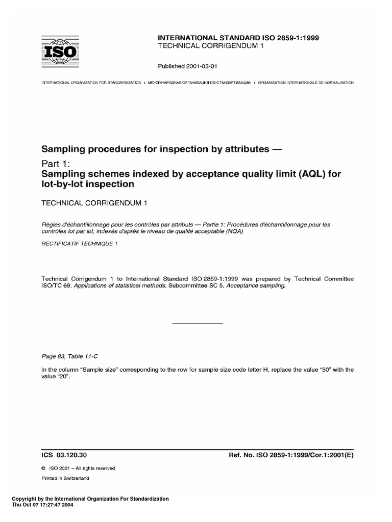 02 ISO2859-1抽样检验标准-全英文版 | PDF | Regulation | International Organization ...