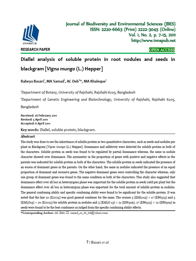 Diallel Analysis of Soluble Protein in Root Nodules and Seeds in ...