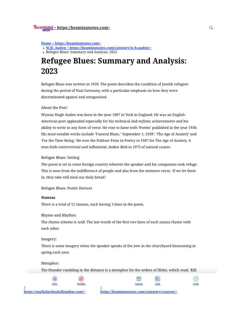 Refugee Blues - Summary and Analysis - 2023 | Download Free PDF | Poetry