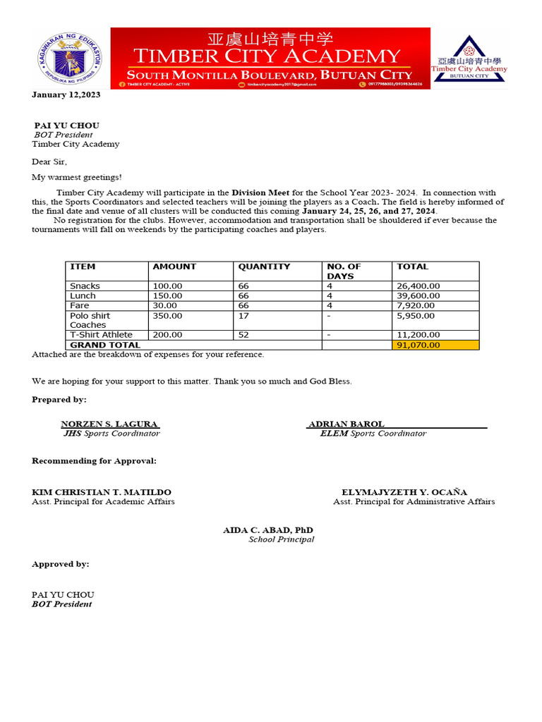 Coach Budget Proposal Letter | PDF
