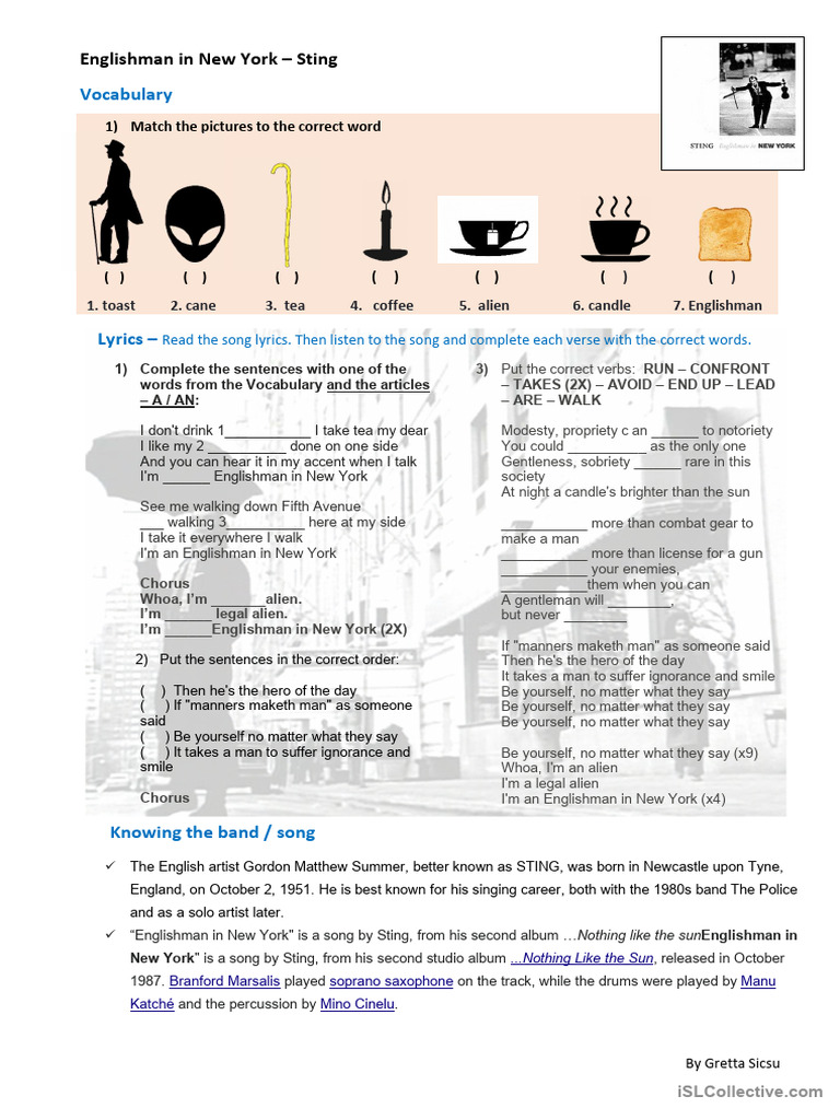 Englishman in New York: Vocabulary & Lyrics Worksheet | PDF | Young ...
