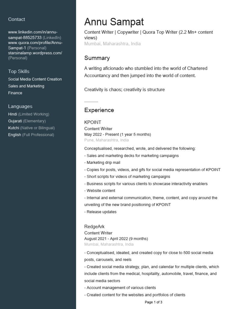 Content Writer & Copywriter Profile | PDF