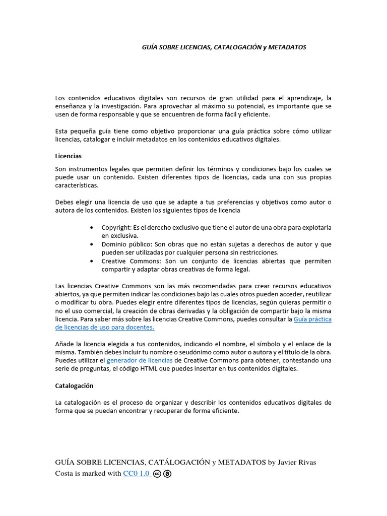 GUÍA SOBRE LICENCIAS, CATÁLOGACIÓN y METADATOS | PDF | Creative Commons | Metadatos