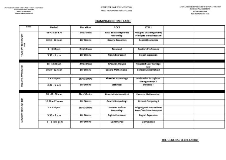 Semester 1 Exam Schedule 2024 | PDF
