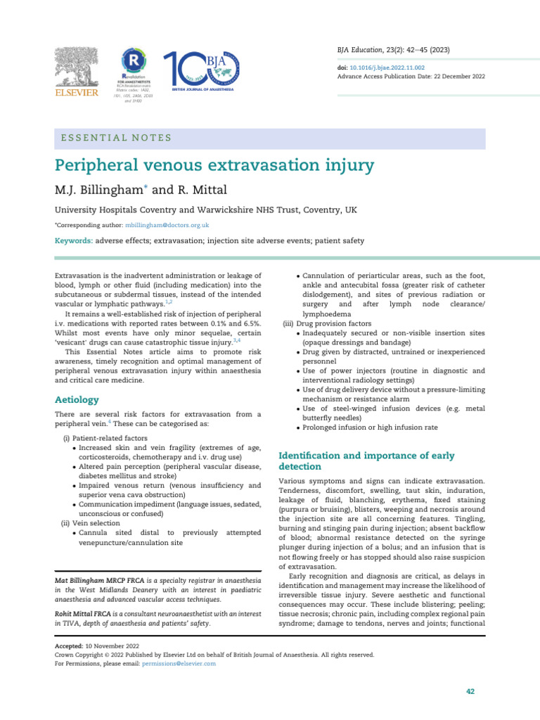 Peripheral Venous Extravasation Injury, 2023 | PDF