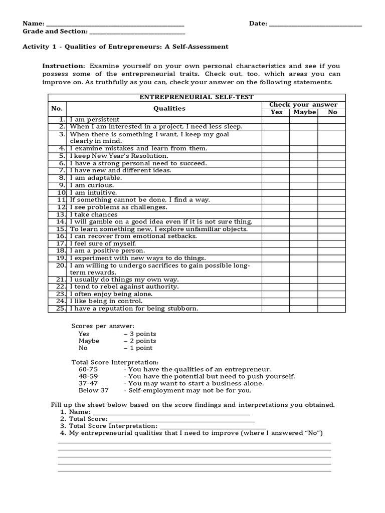 ENTREP Self Assessment | PDF | Career & Growth | Business