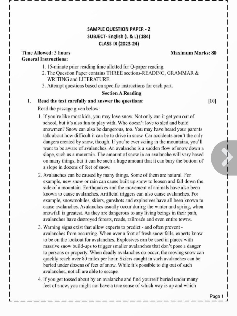 English Class IX Sample Paper - 2 | PDF