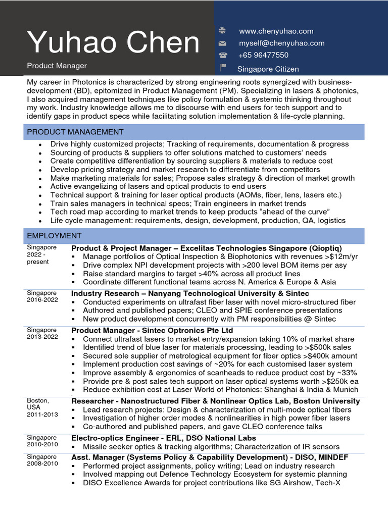 Yuhao Chen Resume v17 A4 20240301 | PDF | Optical Fiber | Laser
