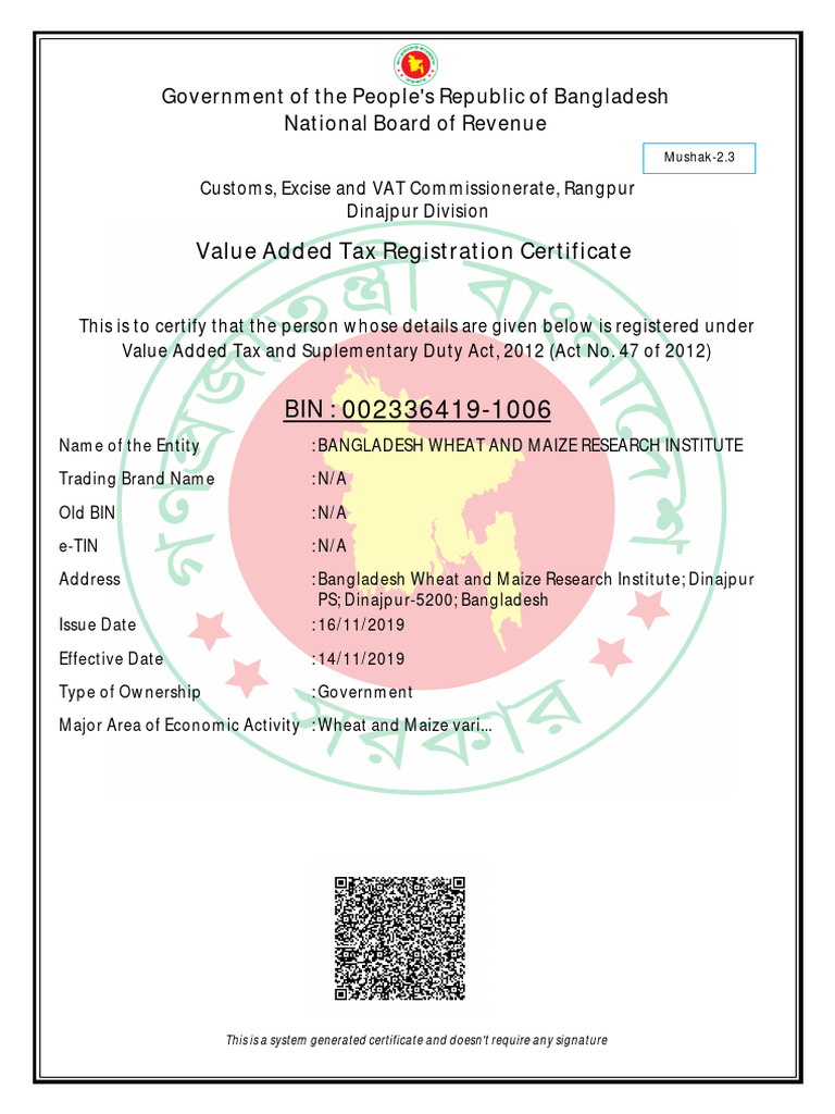 VAT Registration Certificate - BWMI | PDF