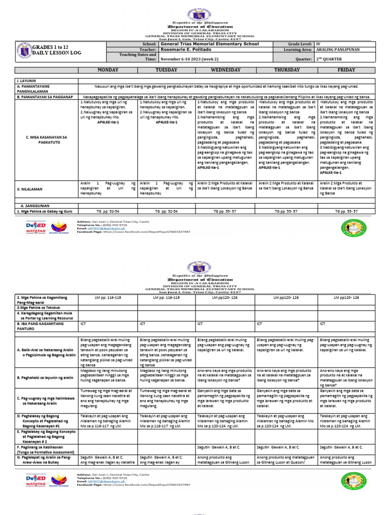 DLL - Araling Panlipunan 4 - Q2 - W1 | PDF