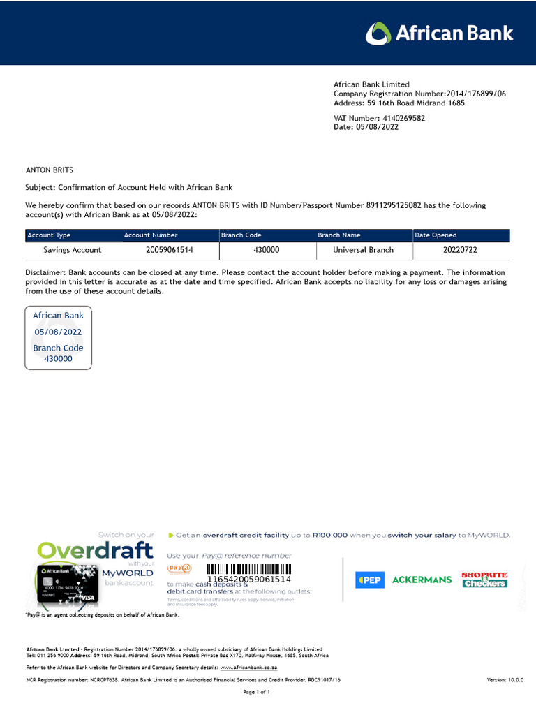 African Bank 05/08/2022 Branch Code 430000: Account Type Account Number ...