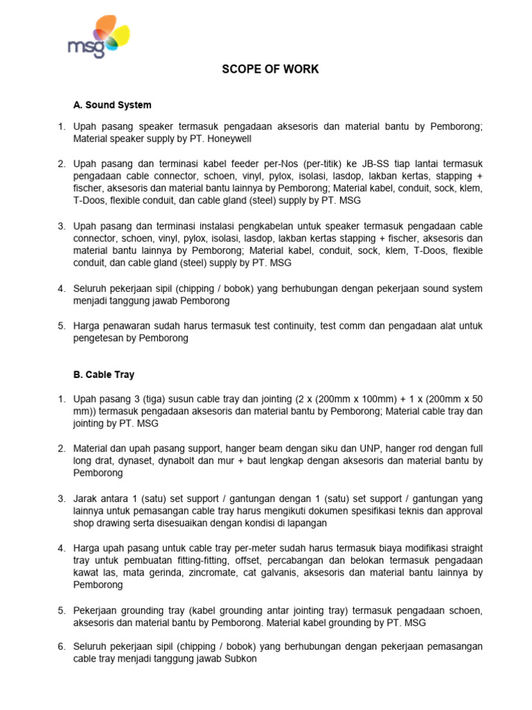 Contoh Scope Pekerjaan Sistem Instalasi | PDF | Teknologi & Rekayasa