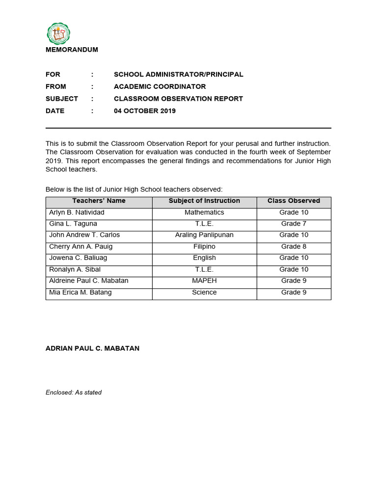 Classroom Observation Report | PDF | Teachers | Learning