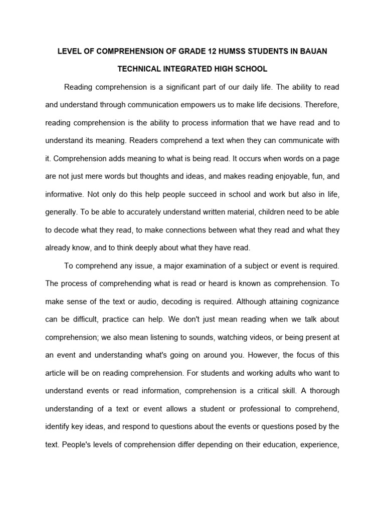 Level of Comprehension of Grade 12 Humss Students Introduction | PDF ...