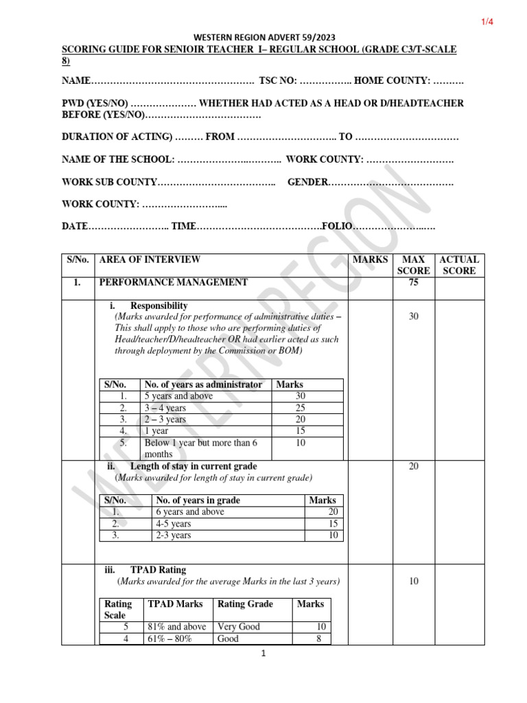 Advert - 59 - 2023 - c3 Senior Teacher I Teacher Reg Score Sheet | PDF