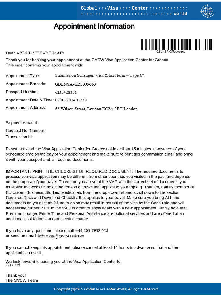 Greece Visa Appointment Confirmation | PDF