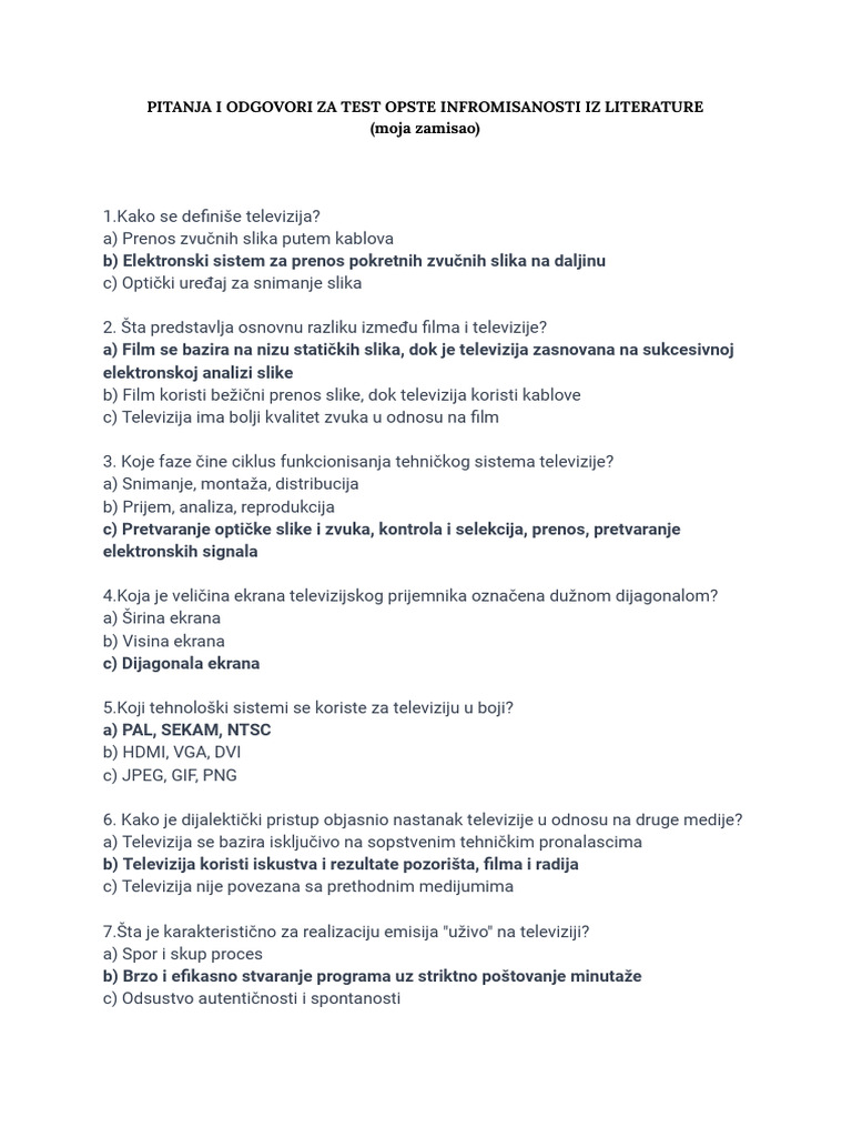 Pitanja za test iz literature | PDF | Art | Technology & Engineering