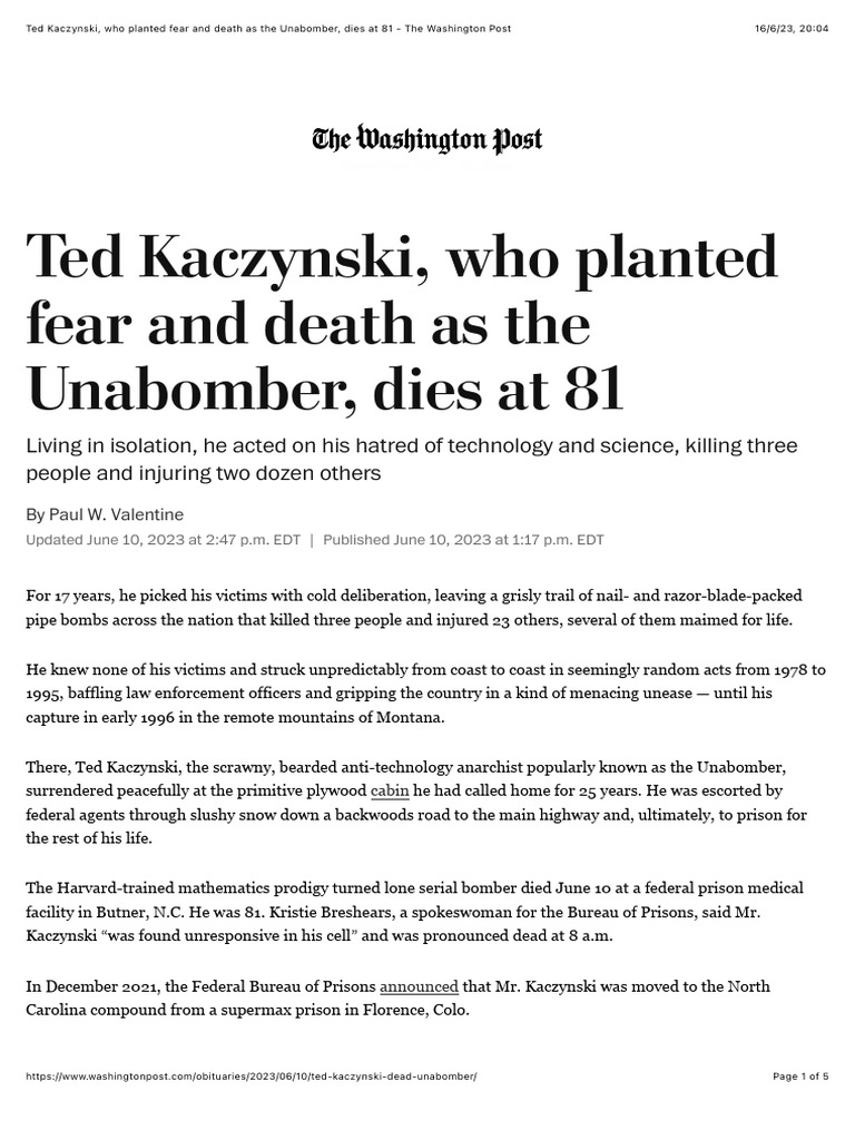 Ted Kaczynski, Who Planted Fear and Death As The Unabomber, Dies at 81 ...