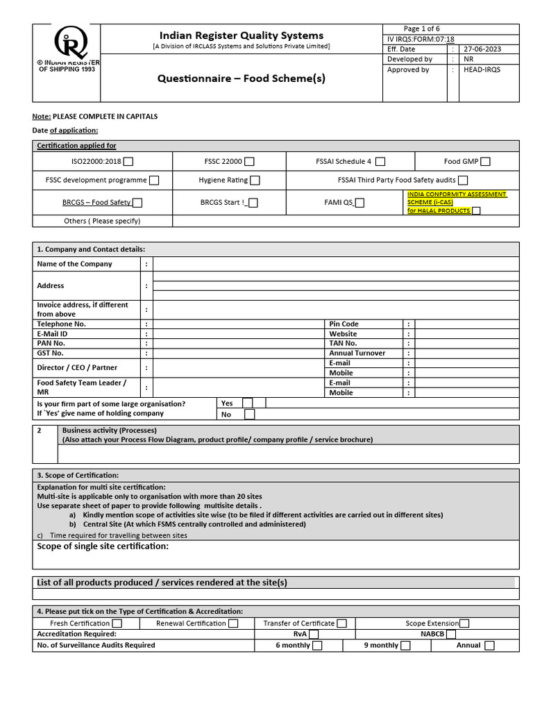 007-Questionnaire-FOOD Safety Scheme(s) -REV18 | PDF