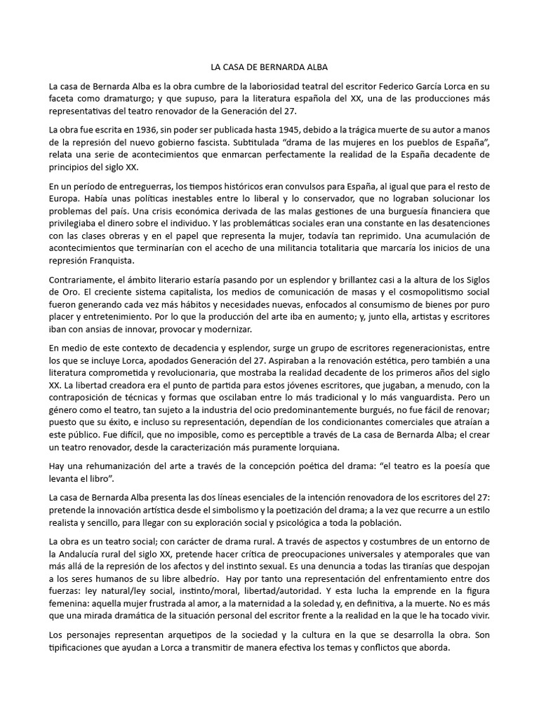 Análisis de "La casa de Bernarda Alba" | PDF | España | Federico García ...