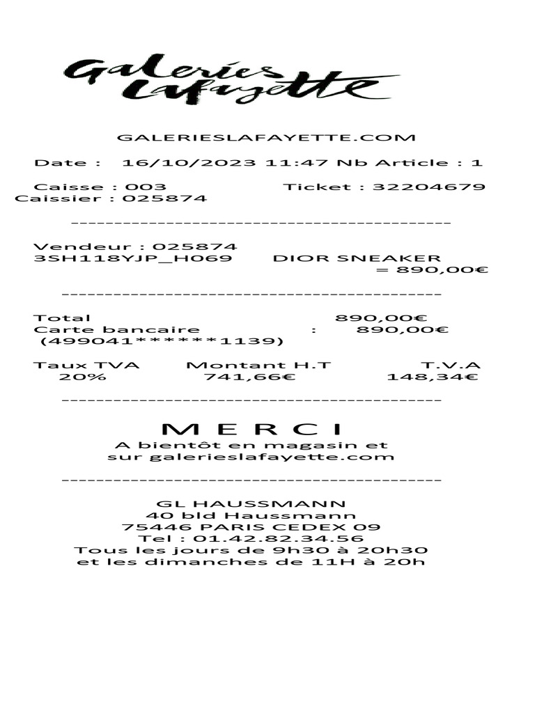 Ticket de Caisse Galerie Lafayette | PDF | Finance et gestion monétaire