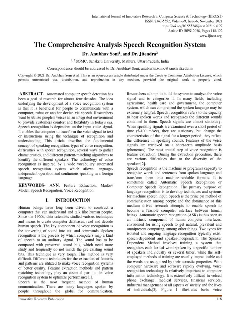 25 The Comprehensive Analysis Speech Recognition System | PDF | Speech Recognition | Speech