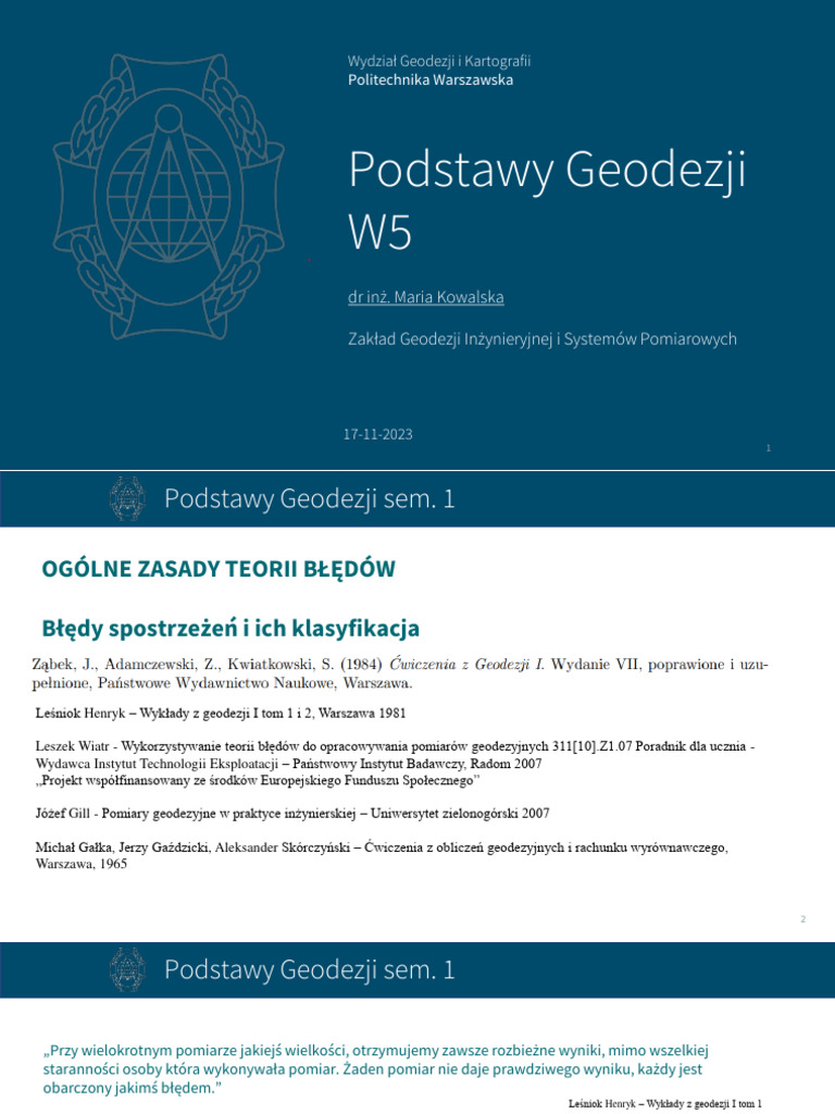 W5-Podstawy Geodezji Sem 1 2023 - GI | PDF