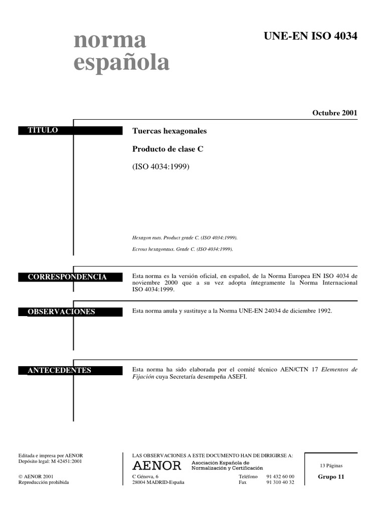 Norma UNE-EN ISO 4034: Tuercas C | PDF