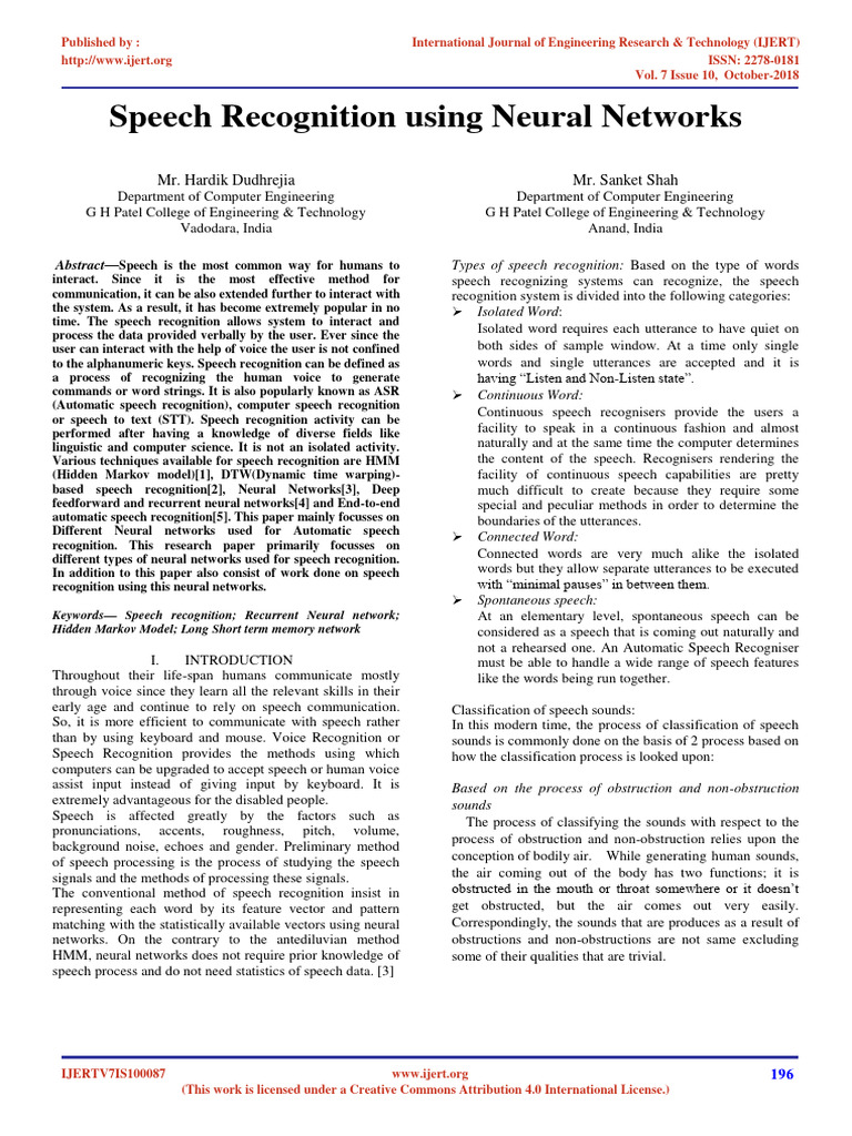 Speech Recognition Using Neural Networks IJERTV7IS100087 | PDF | Speech Recognition | Artificial ...