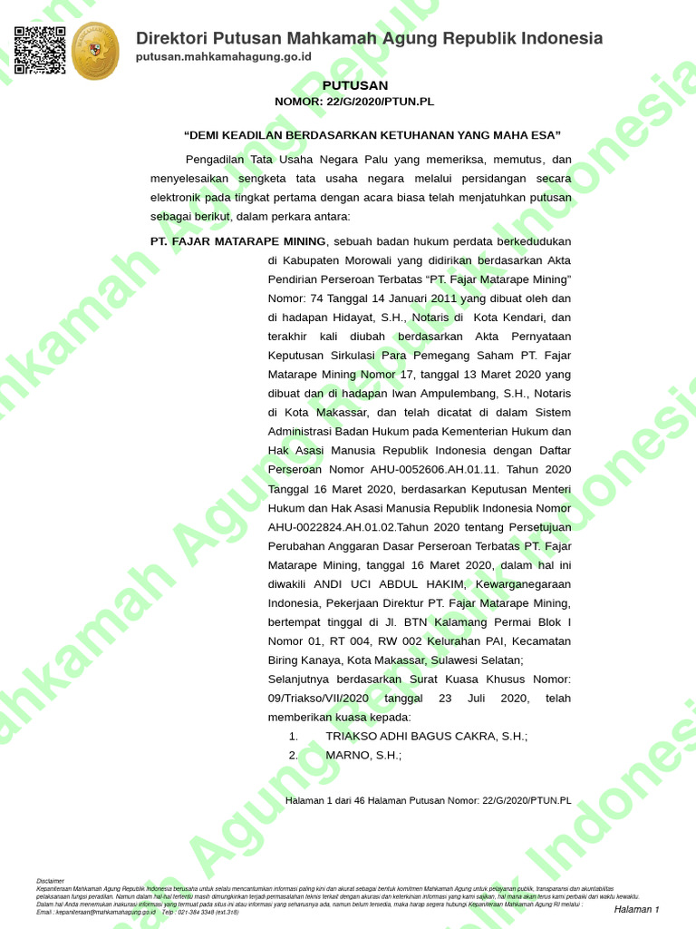 Putusan 22 G 2020 Ptun - PL 20240223175502 | PDF