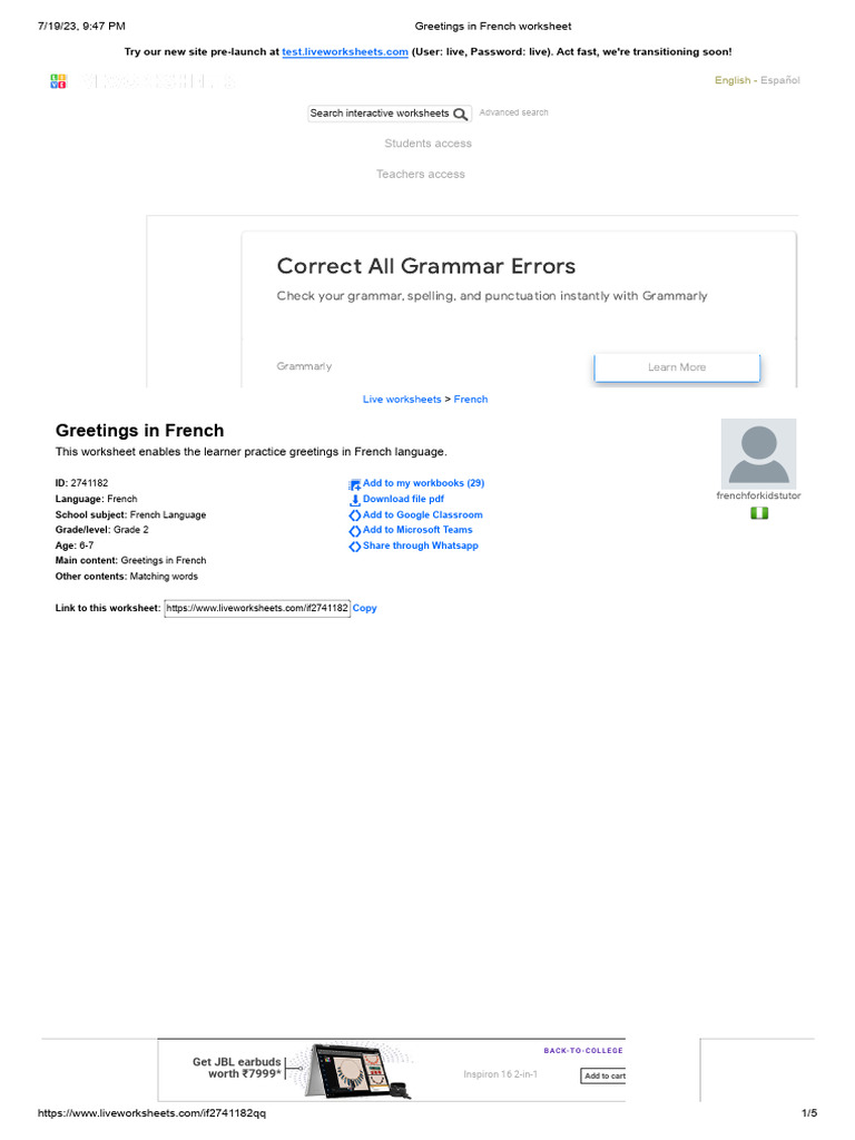 Greetings in French Worksheet | PDF