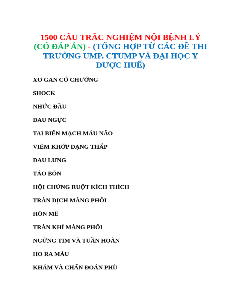 (123doc) 1500 Cau Trac Nghiem Noi Benh Ly Ump Ctump Va Dai Hoc y Duoc Hue Co Dap An Full | PDF