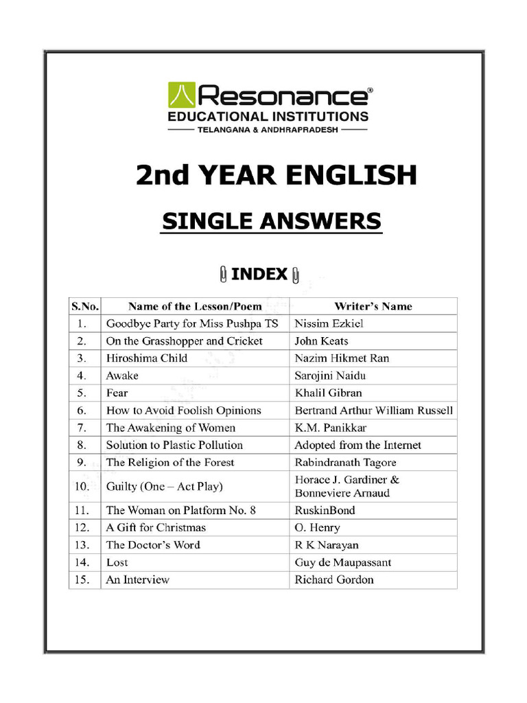 2nd Year English (Single Answers) | PDF