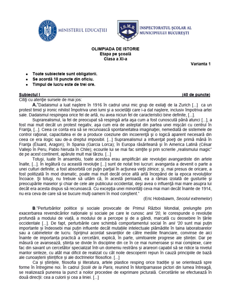 OLIMPIADA DE ISTORIE CLASA XI SERIA I | PDF