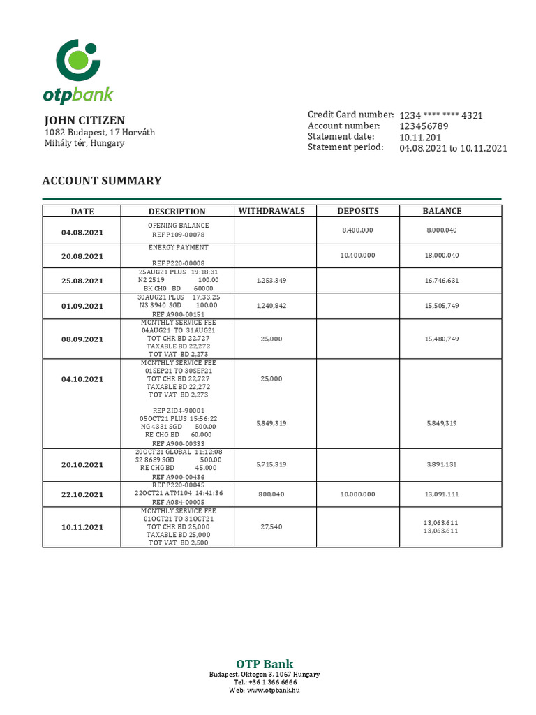 Hungary OTP Bank Statement | PDF