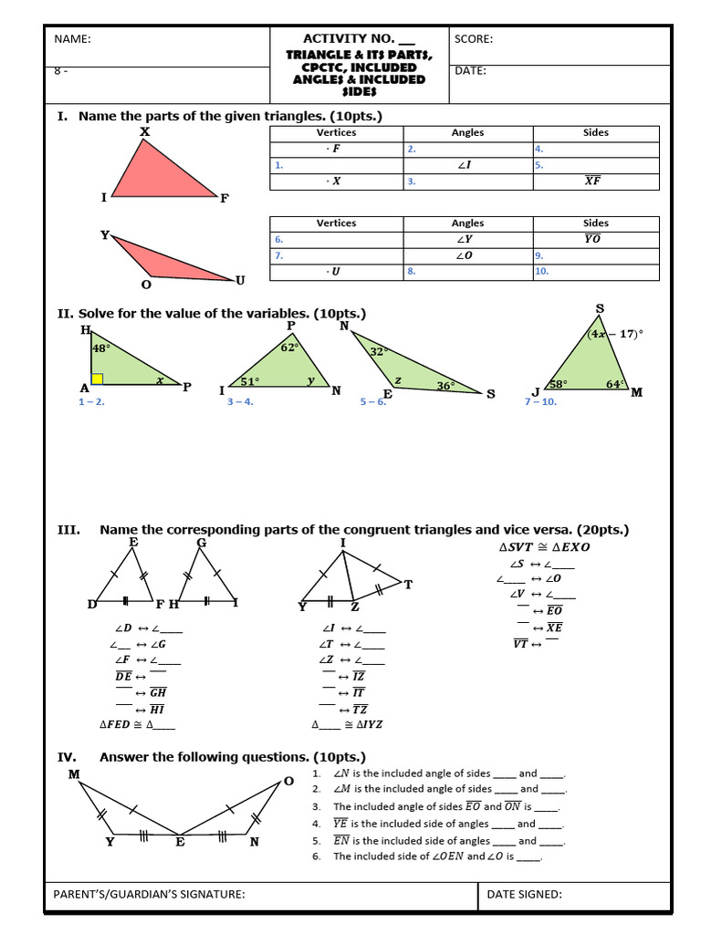 Activity 2. Triangle & Its Parts, CPCTC, Included Angles & Included ...