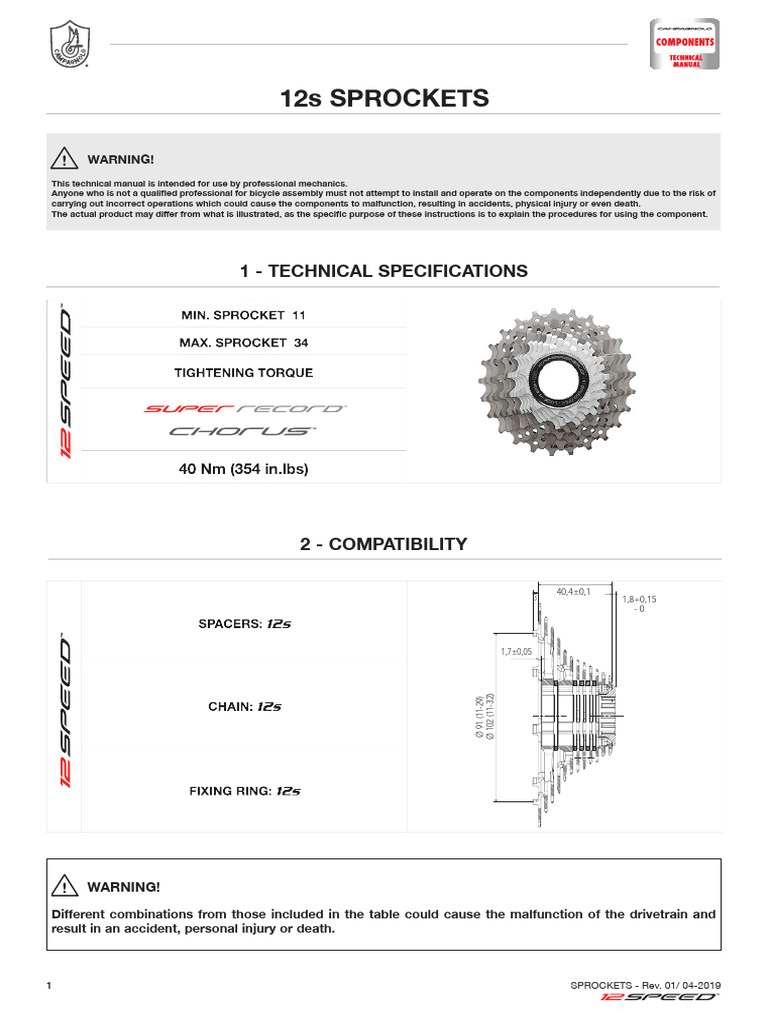 035 2414 Technical Manual Sprockets 12s Campagnolo Rev01 04 19 ENG | PDF
