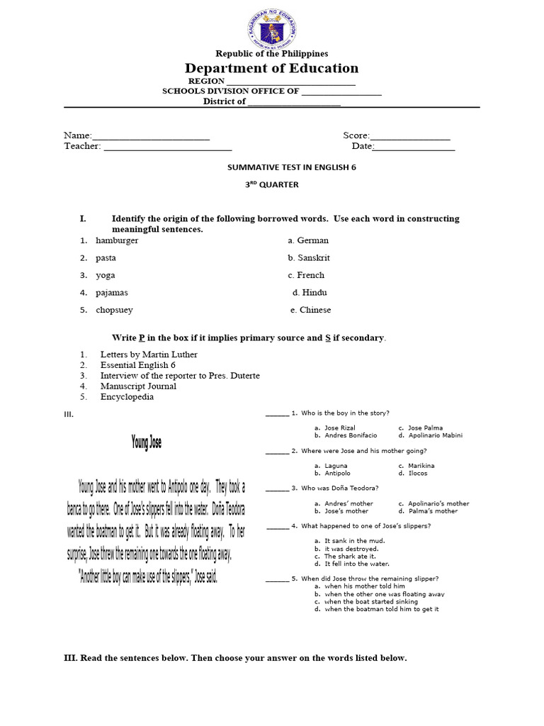 Summative Test in English 6.1 | PDF