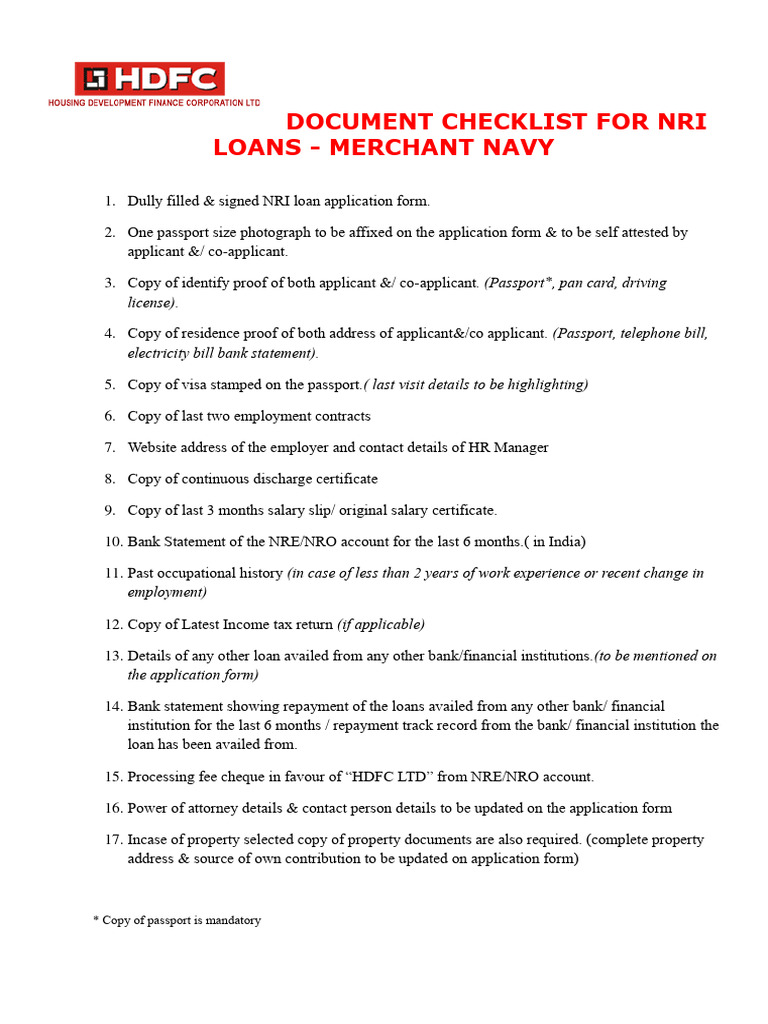 NRI Loan Document Checklist for Merchant Navy | PDF | Banks