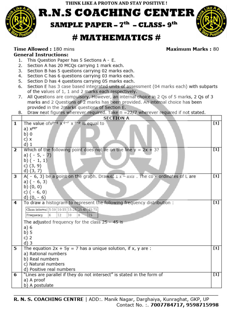 07 - SAMPLE PAPER - 9th - MATHS - R.N.S - 7007784717 - 2023-24 | PDF
