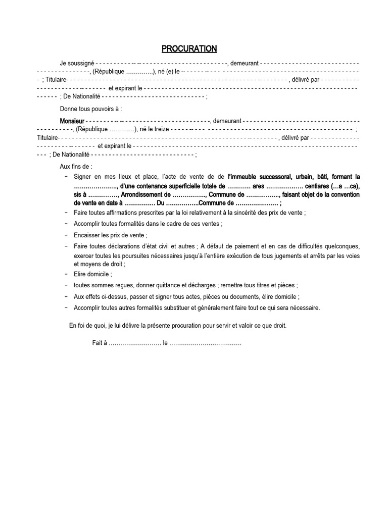 Modèle PROCURATION Vente Immeuble | PDF