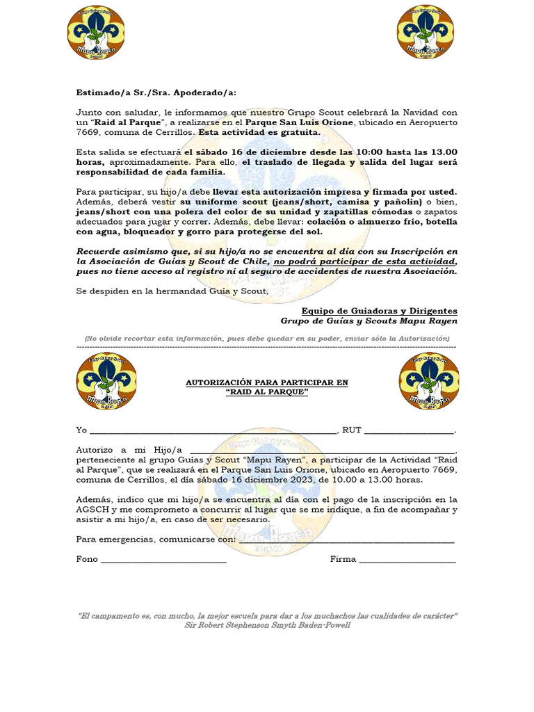 Autorización Navidad Scout 2023 | PDF