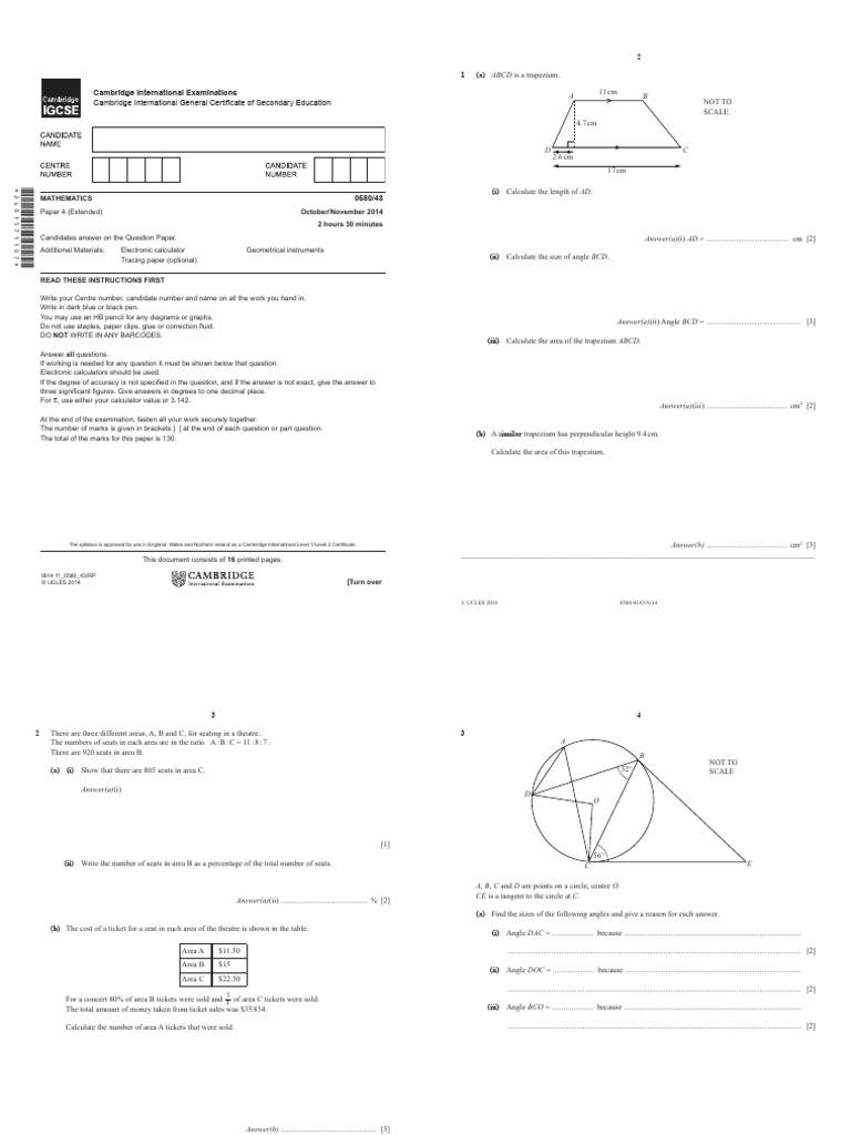 Cambridge IGCSE Mathematics Exam Instructions | PDF | Area | Speed