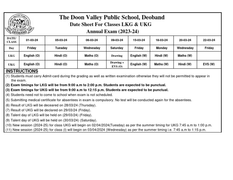 Doon Valley School LKG/UKG Exam Schedule | PDF