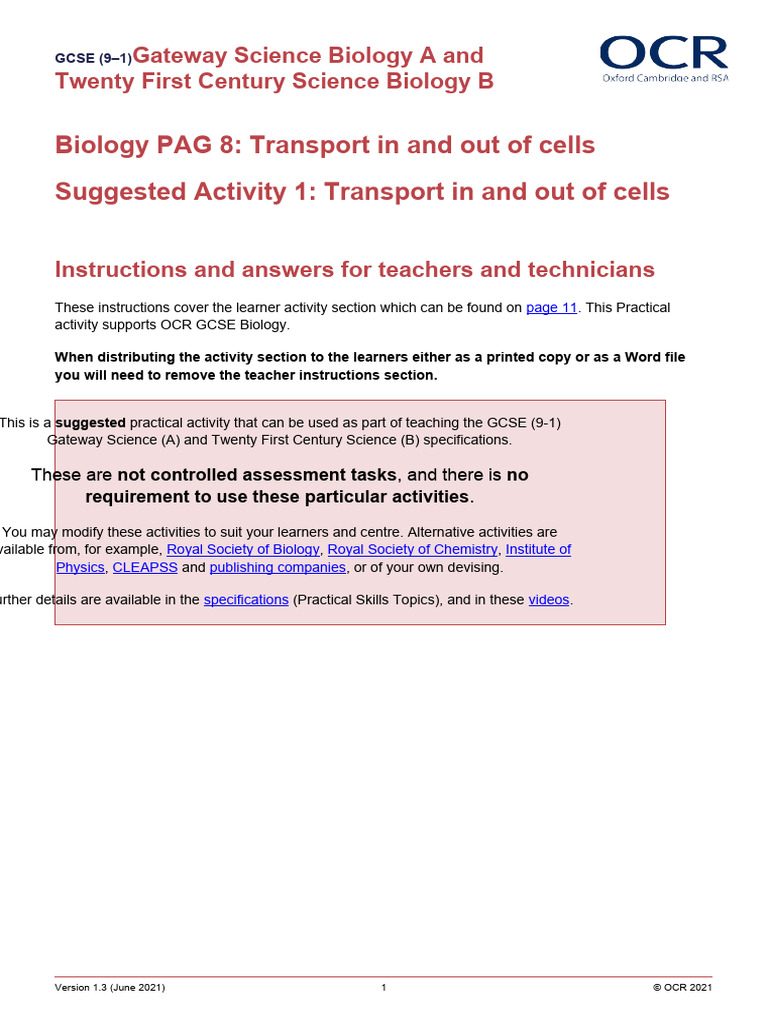 Pag Activity Biology Transport in and Out of Cells Suggestion 1 | PDF | Science & Mathematics