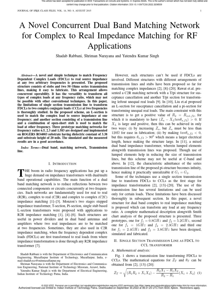 A Novel Concurrent Dual Band Matching Network For Complex To Real Impedance Matching For RF ...
