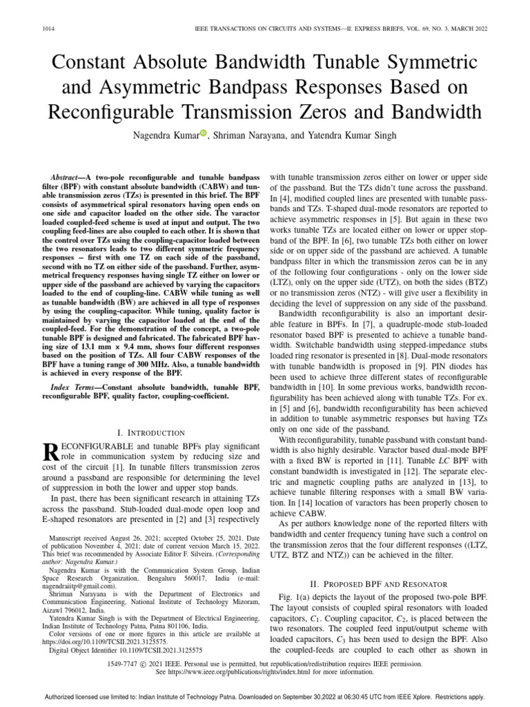Constant Absolute Bandwidth Tunable Symmetric and Asymmetric Bandpass Responses Based On ...