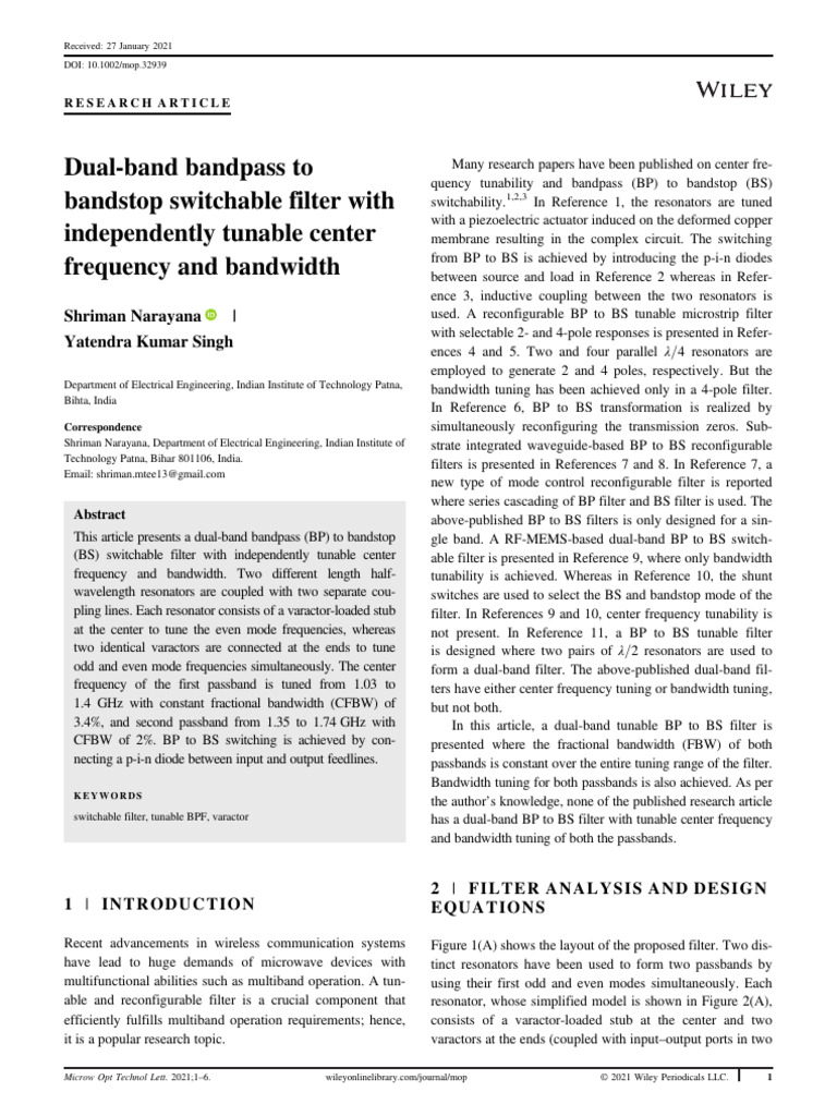 Dual Band Bandpass To Bandstop Switchable Filter With Independently Tunable Center Frequency And